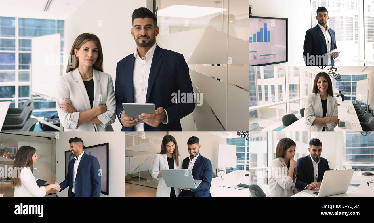 Collage of two multiethnic colleagues collaborating in office using ...