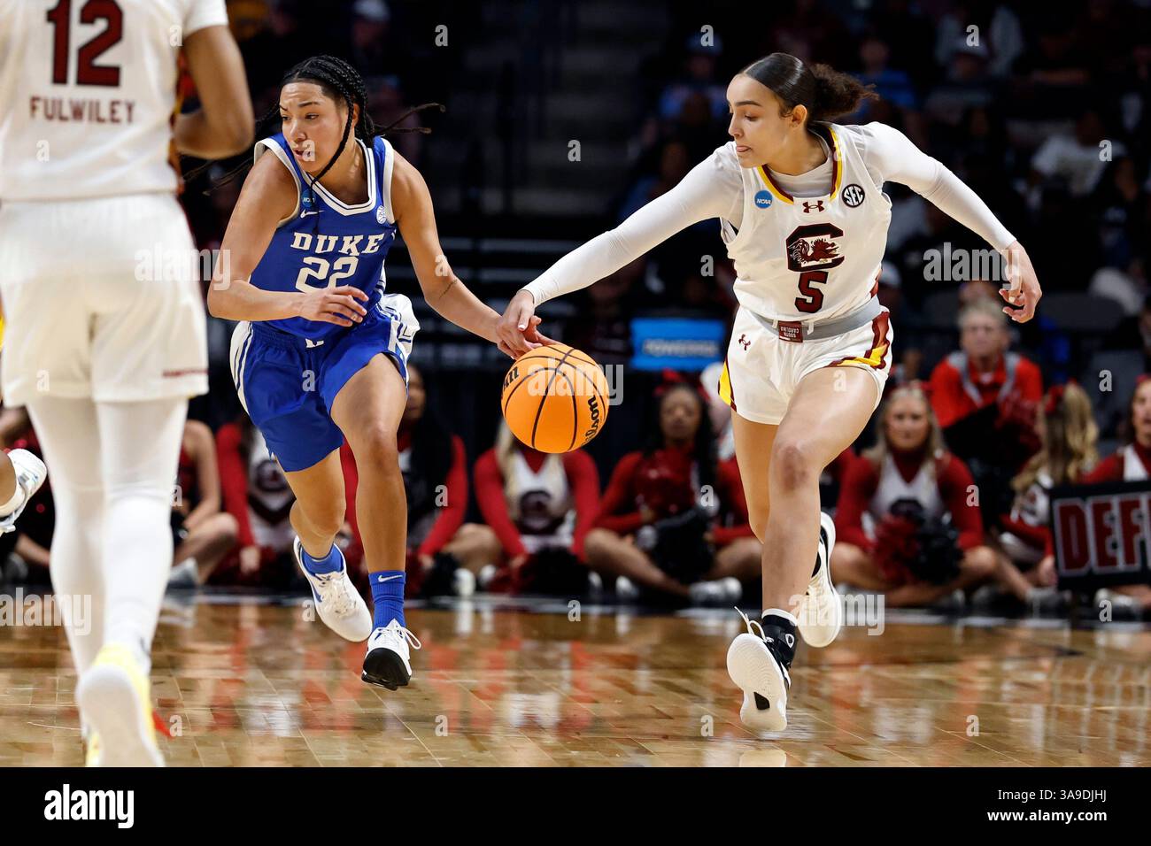 South Carolina guard Tessa Johnson (5) steals the ball from Duke guard ...