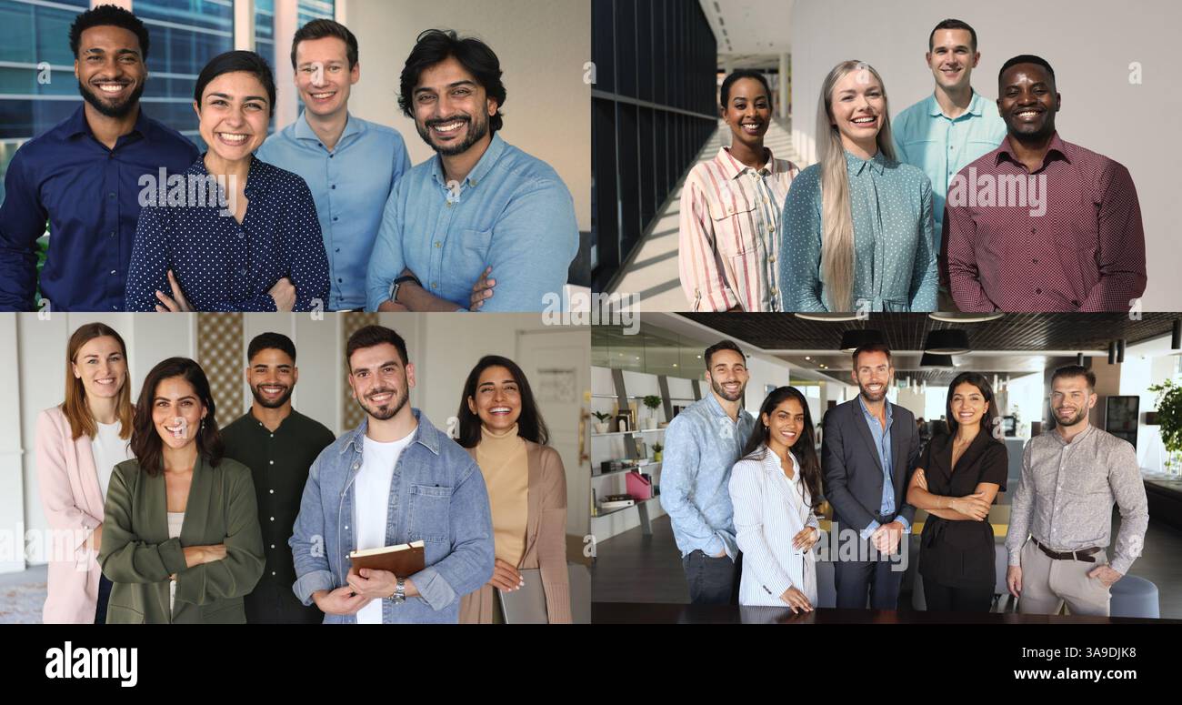 Successful team posing together for camera in office, collage view ...