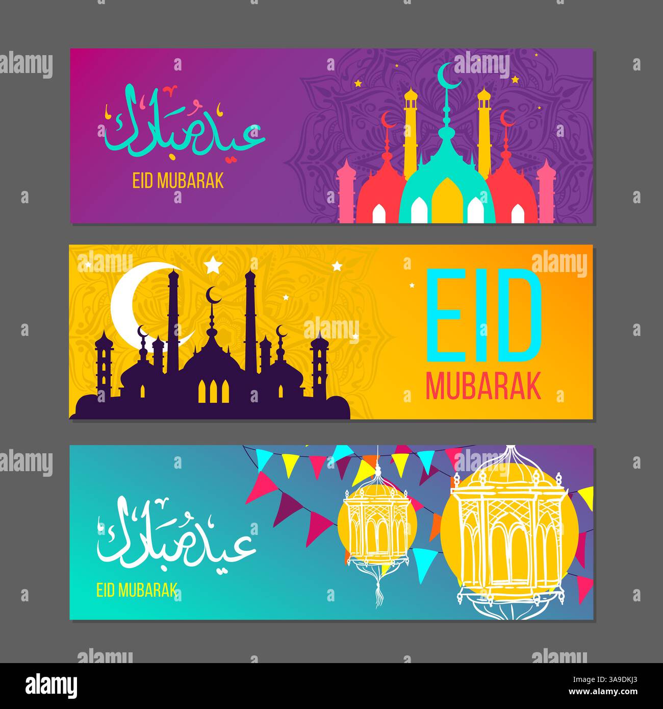 A vibrant set of three Eid Mubarak banners featuring Islamic lanterns ...