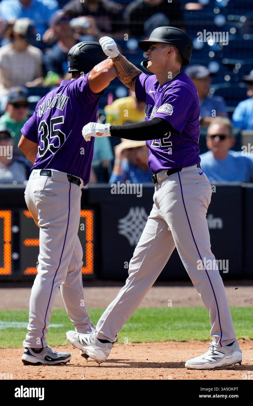 Colorado Rockies' Mickey Moniak (22) celebrates his two-run home off ...