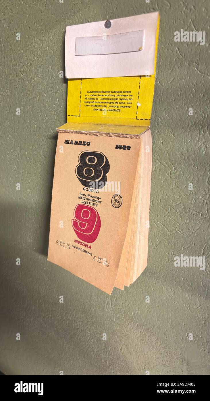 Vintage old wall mounted paper calendar. Soviet era Polish language ...