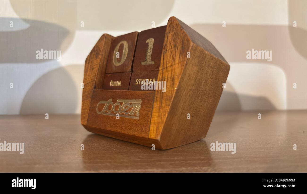 Vintage old shelf wood calendar. Soviet era Polish language retro 1970 ...