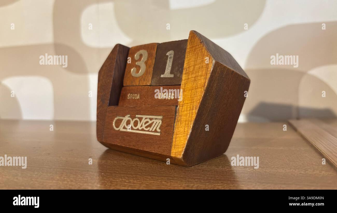 Vintage old shelf wood calendar. Soviet era Polish language retro 1970 ...