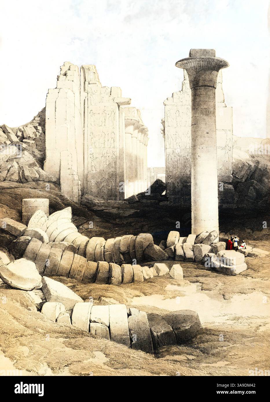 A breathtaking view featuring ancient ruins, with a prominent column ...