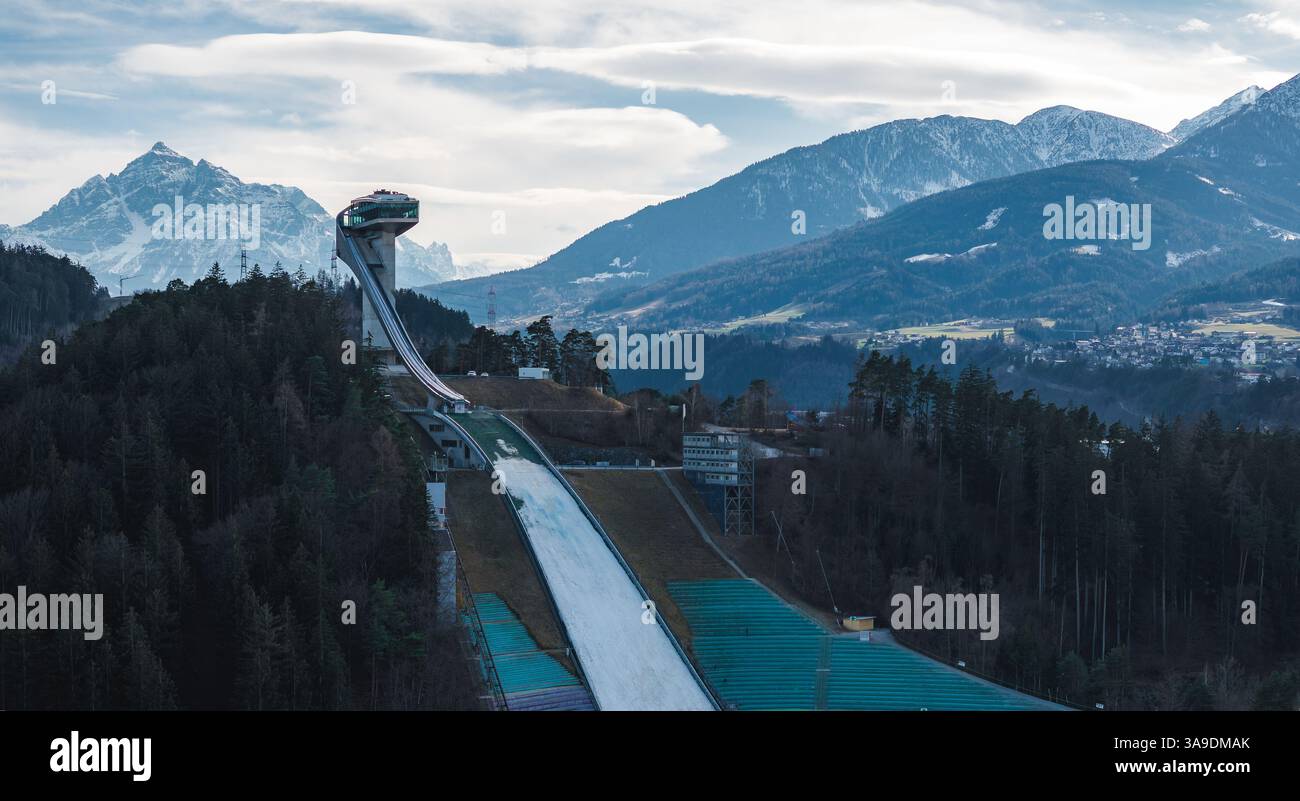 Aerial View of Bergisel Ski Jump and Snow Capped Alps in Innsbruck ...