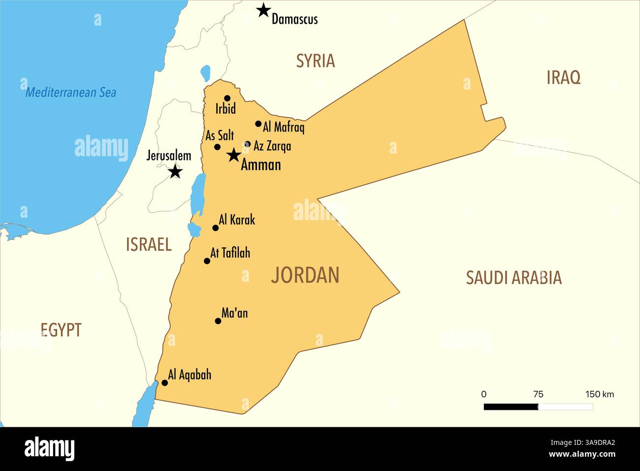 Map of Jordan with Major Cities and Political Borders Stock Photo - Alamy