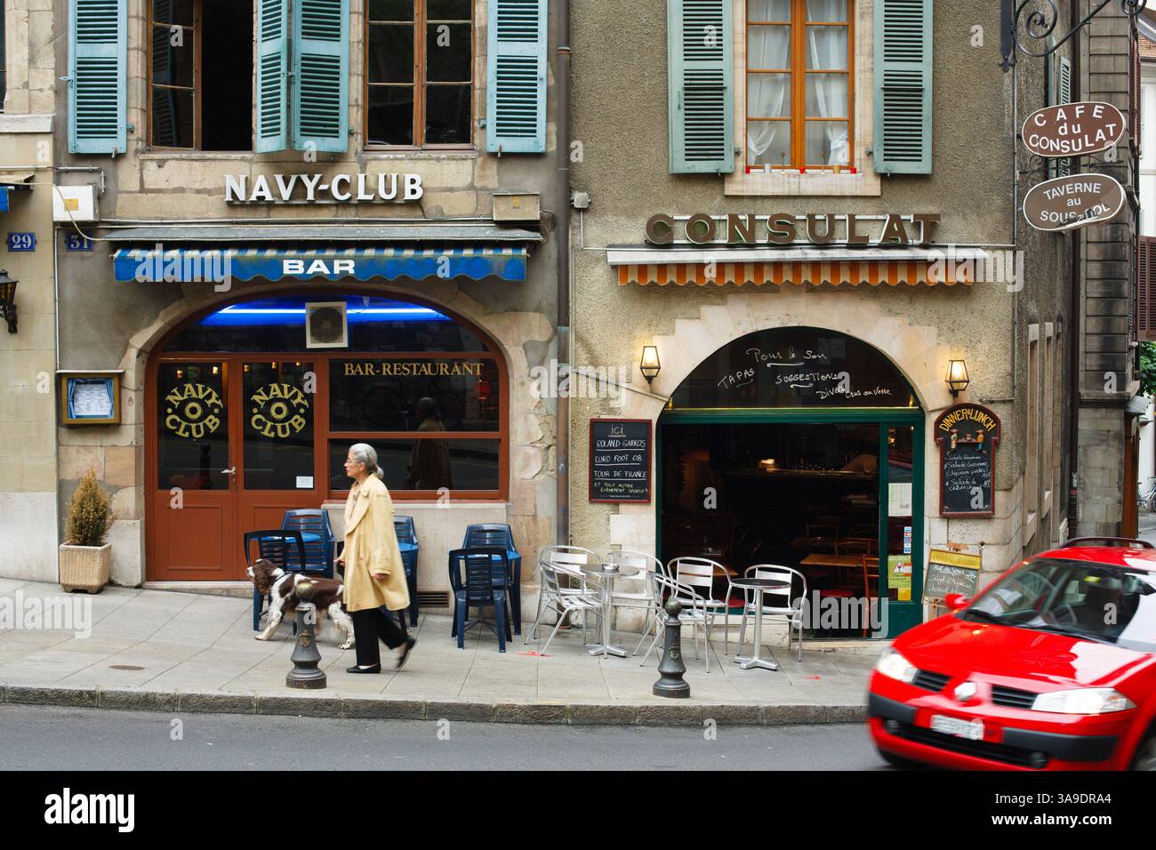 Street scene including cafe and bar in Geneva, Switzerland Stock Photo ...