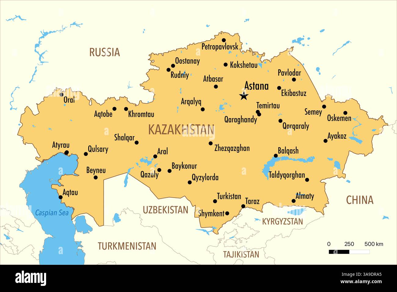 Map of Kazakhstan with Major Cities and Political Borders Stock Photo ...