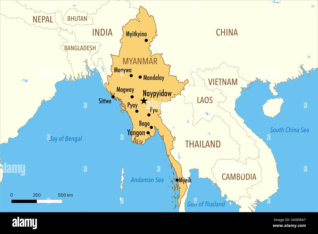 Map of Myanmar (Burma) with Major Cities and Neighboring Countries ...