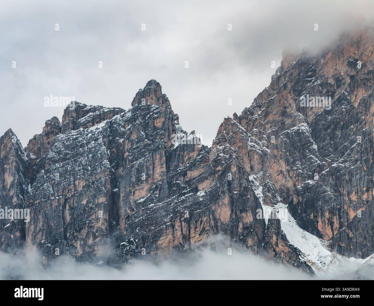 Aerial View of Snow Dusted Dolomite Peaks Near Cortina, Italy Stock ...