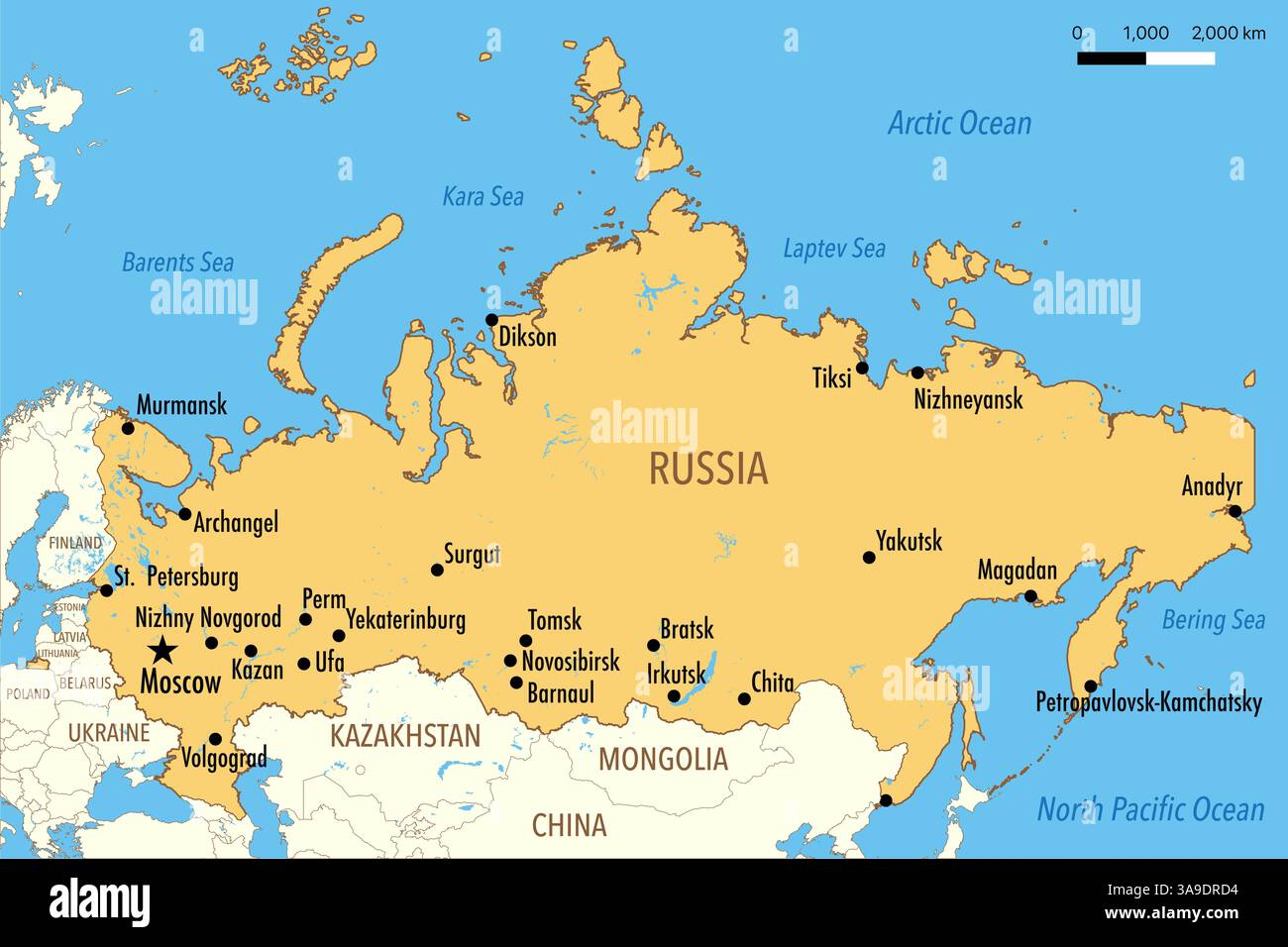Map of Russia with Major Cities and Political Borders Stock Photo - Alamy