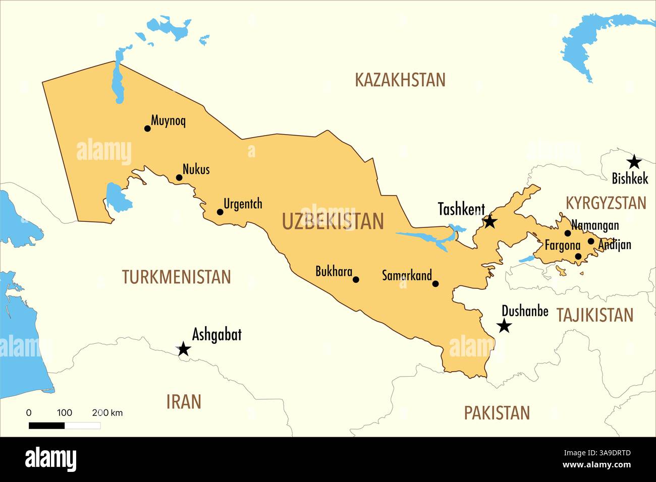 Map Of Uzbekistan With Major Cities And Political Borders Stock Photo Map Of Uzbekistan With Major Cities And Political Borders Stock Photo