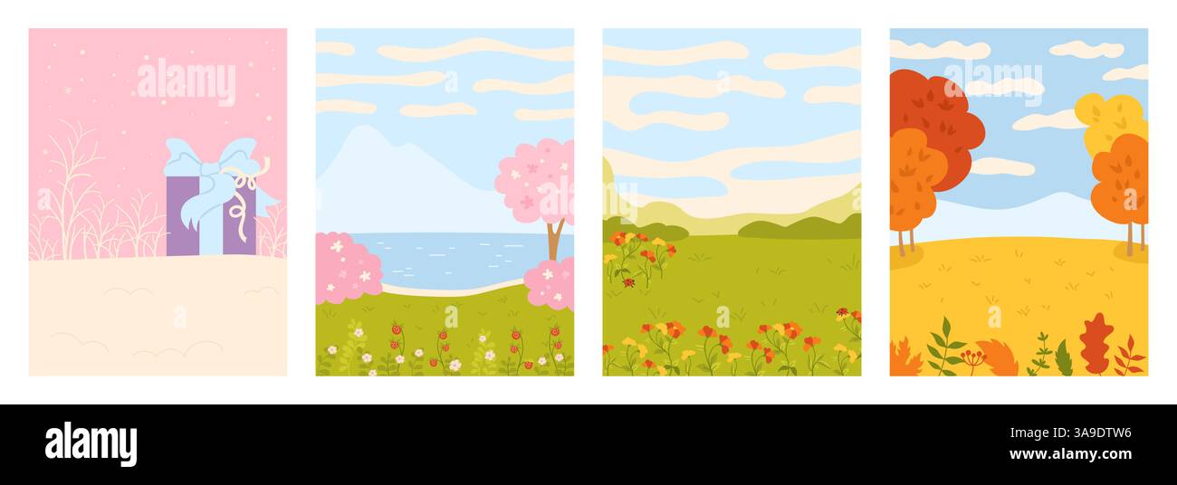 Four seasons of nature set vector cartoon illustration. Winter, spring ...