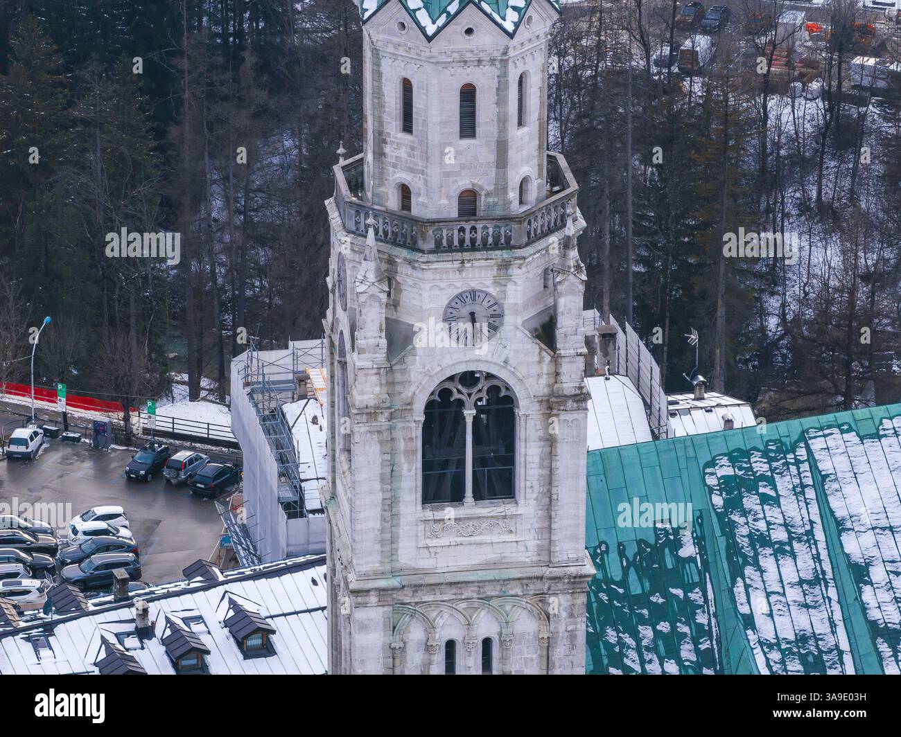 Aerial View of Clock Tower with Green Tiled Roof in Cortina, Italy ...