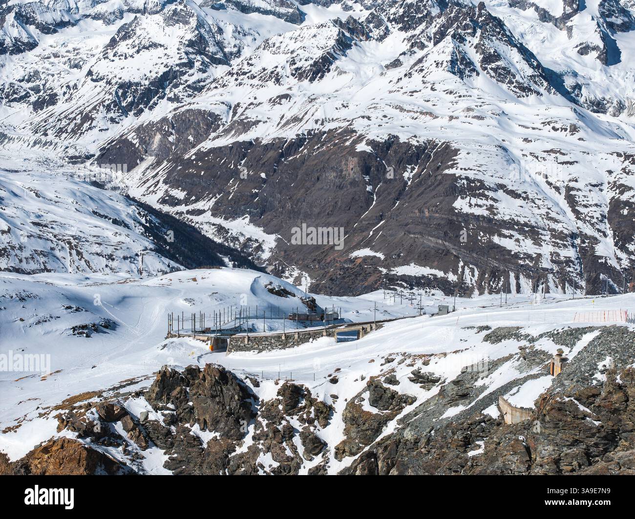 Aerial View of Snowy Alps, Matterhorn, and Observatory in Zermatt Stock ...