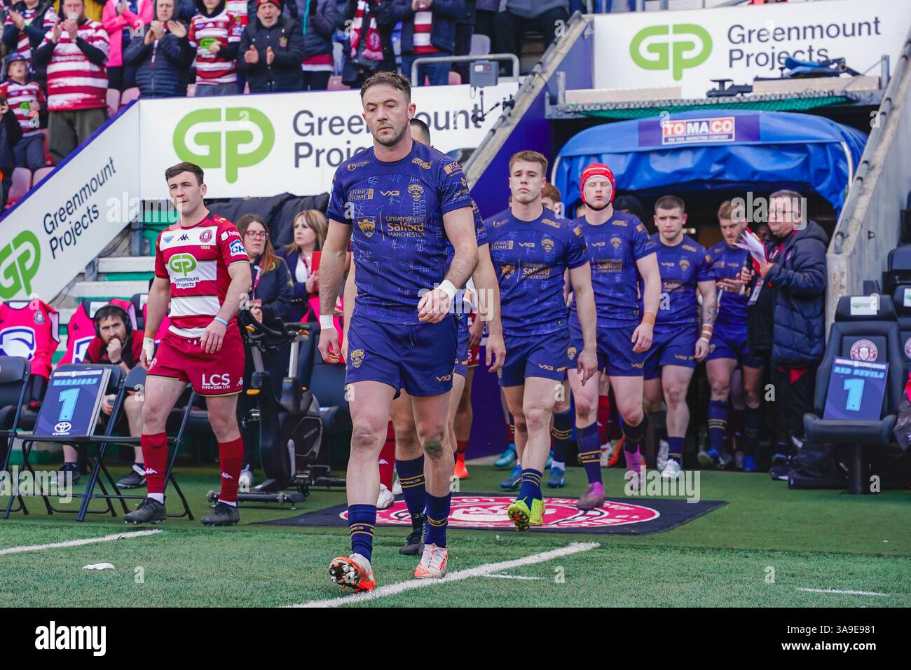 Ryan Brierley leads the team out. Wigan, England. 30th March 2025 ...