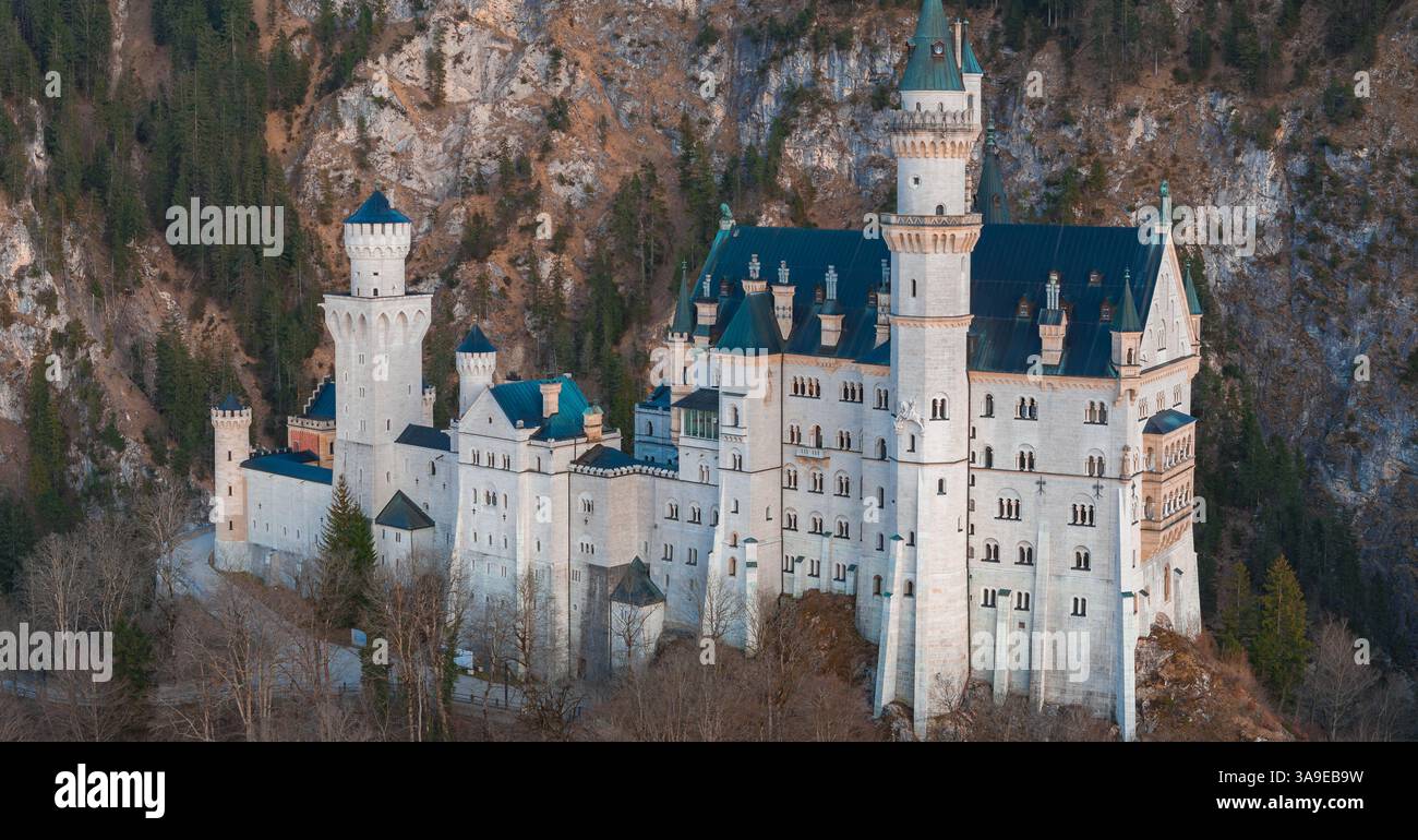 Aerial View of Neuschwanstein Castle Amid Cliffs and Forests in Bavaria ...
