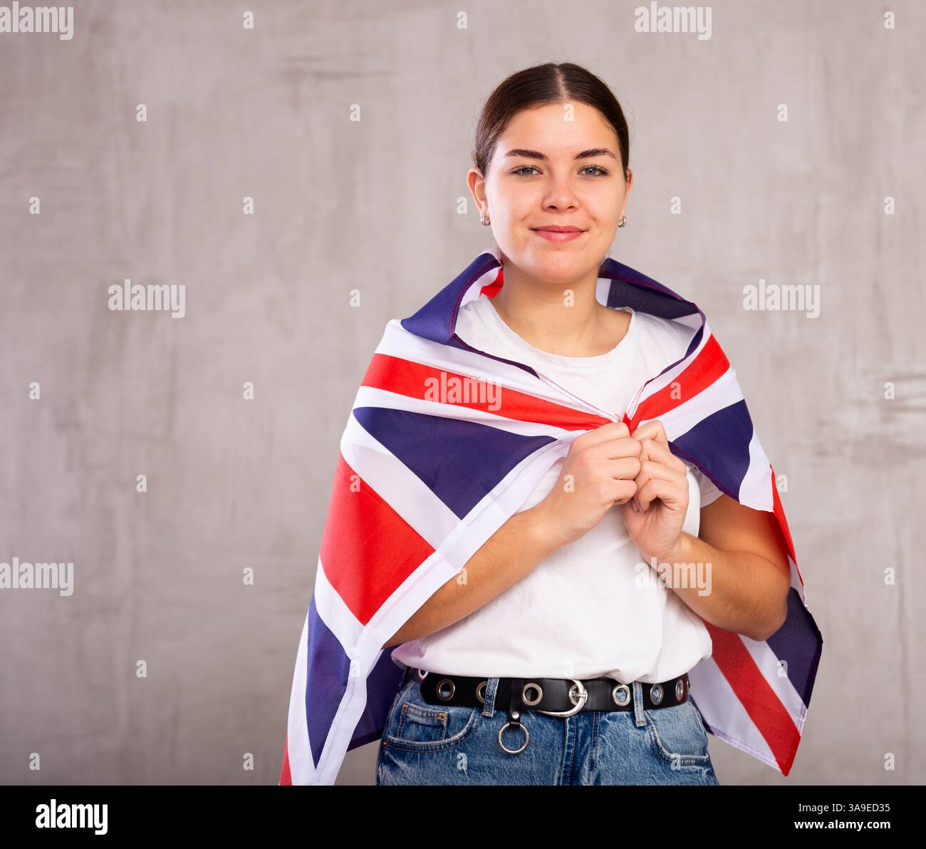 Attractive female football fan holding Great Britain flag Stock Photo ...