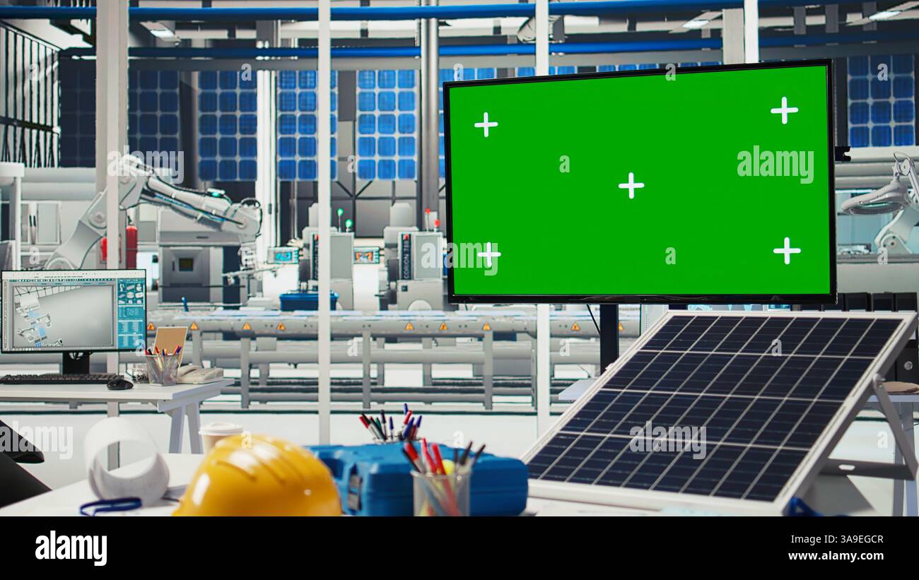 Isolated screen display overseeing solar panels plant, troubleshooting technical issues. Mockup ...