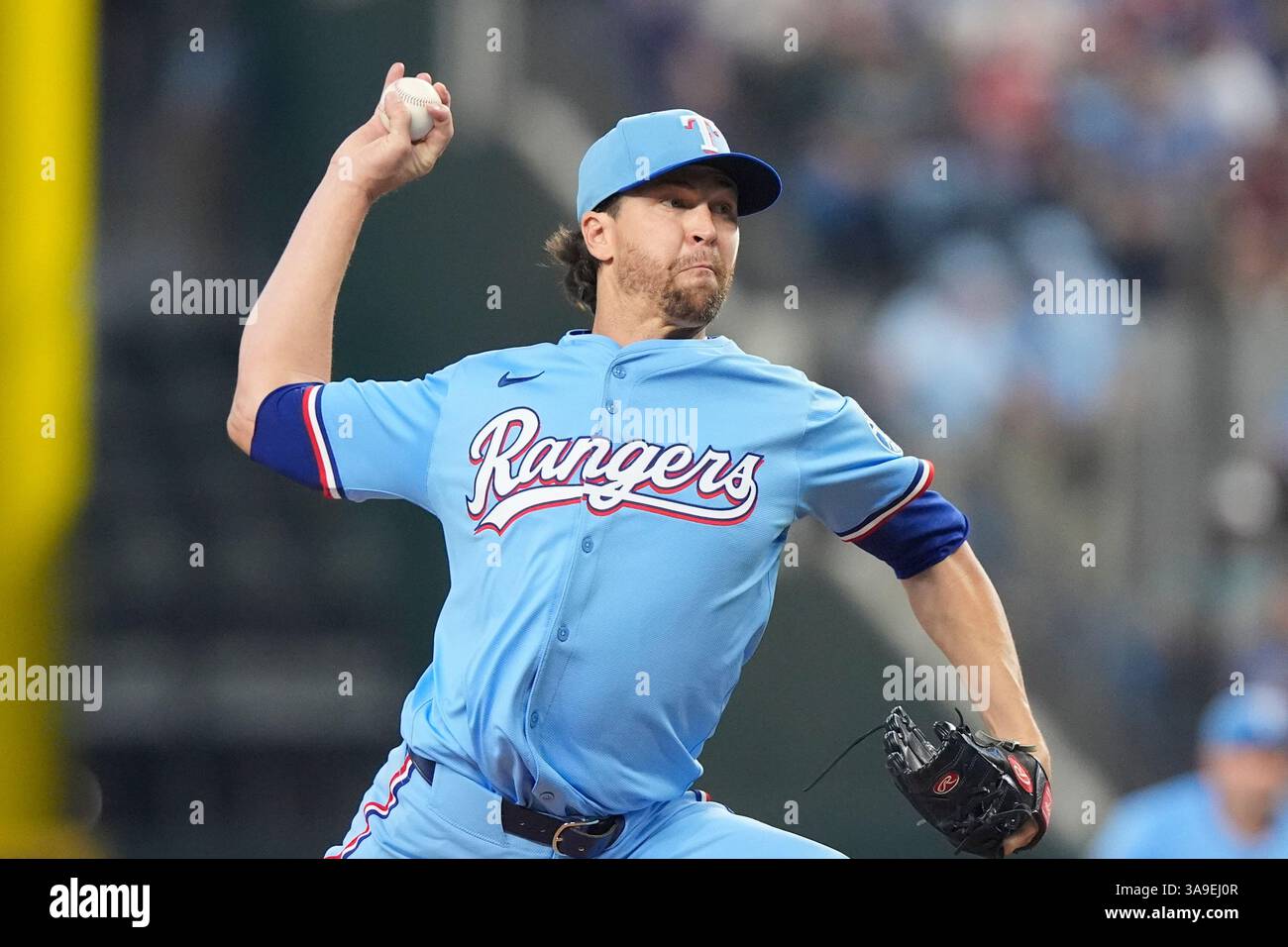 Texas Rangers starting pitcher Jacob deGrom throws during a baseball ...