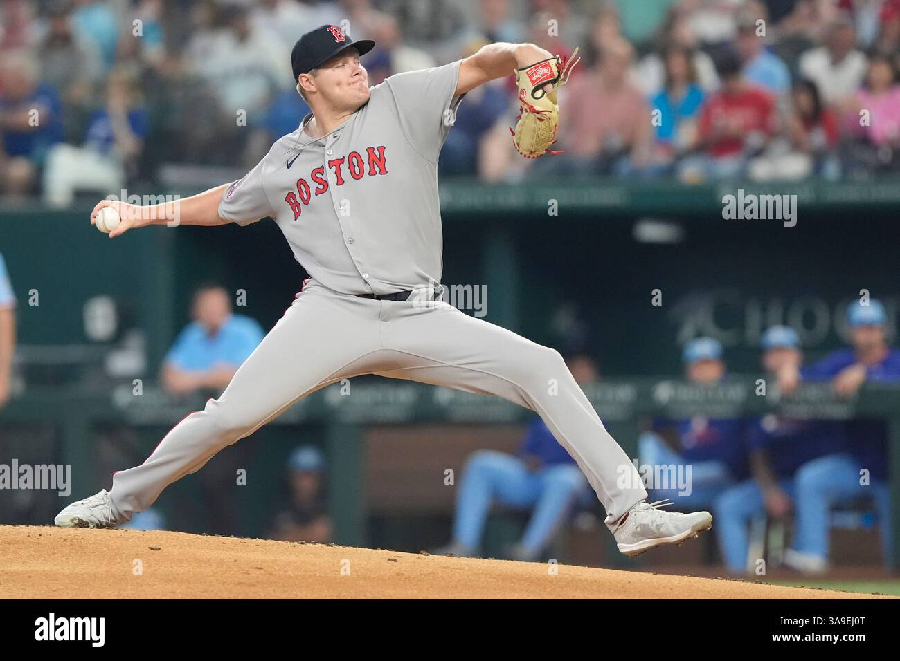 Boston Red Sox starting pitcher Richard Fitts throws during a baseball game against the Texas ...