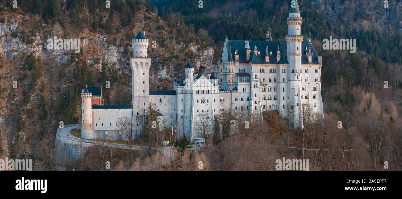 Aerial View of Neuschwanstein Castle Surrounded by Forest and Cliffs ...