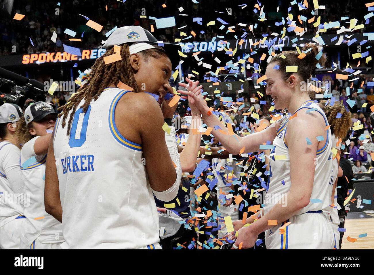 UCLA forward Janiah Barker (0), forward Angela Dugalic, right, and ...