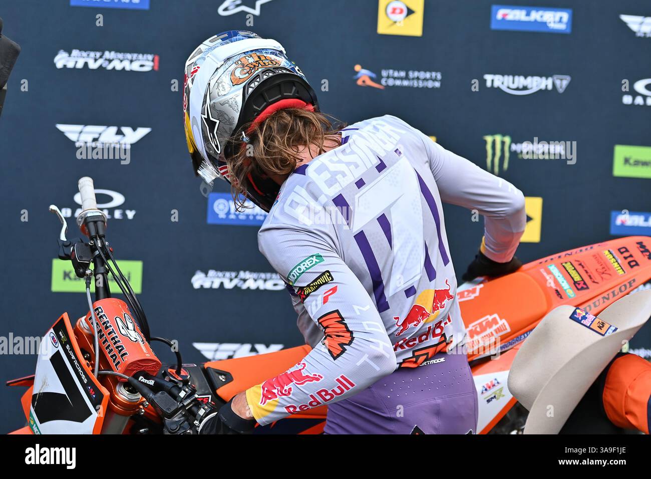 March 29, 2025: Aaron Plessinger (7) puts his bike on the stand after ...