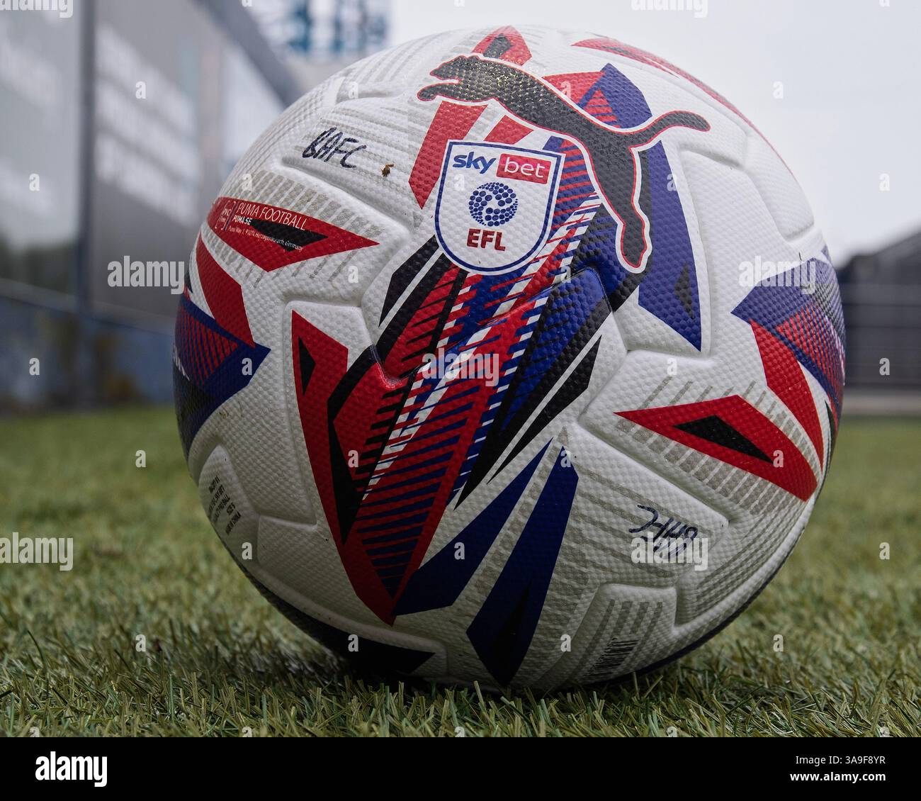 A detailed view of a match ball during the Sky Bet League 2 match ...