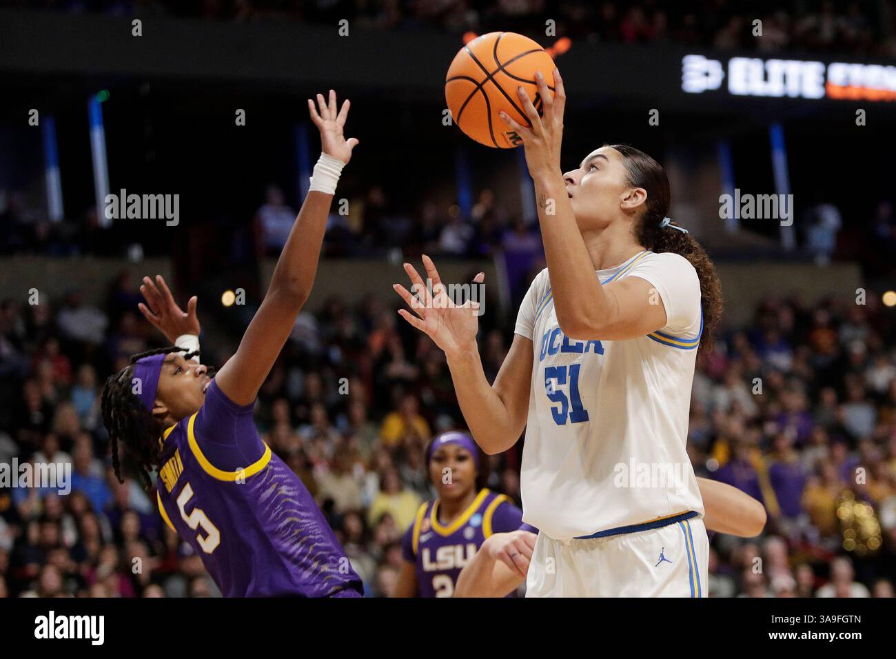 UCLA center Lauren Betts (51) shoots while pressured by LSU forward Sa ...