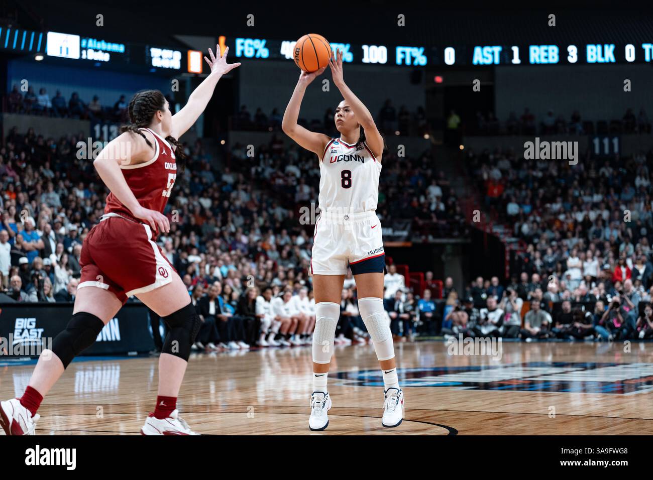 UConn Huskies center Jana El Alfy (8) shoots against Oklahoma Sooners center Raegan Beers (52 ...