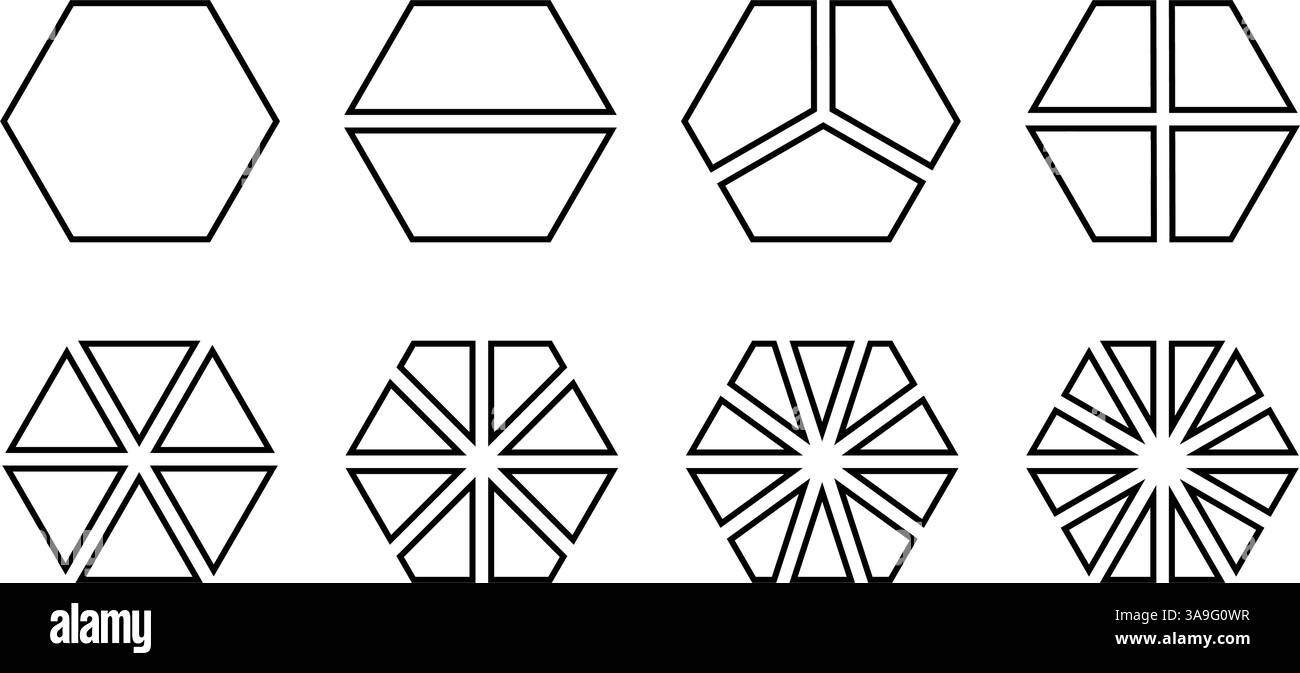 Hexagon shapes divided into slices from 2 to 12 isolated on white ...