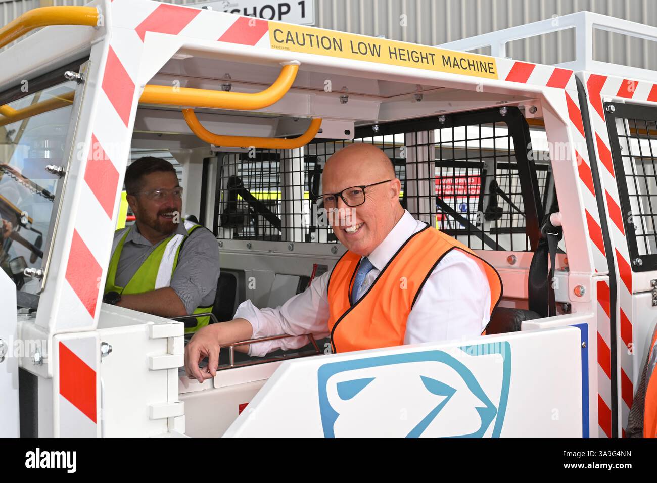 Leader of the Opposition Peter Dutton enters a mine cruiser during a ...