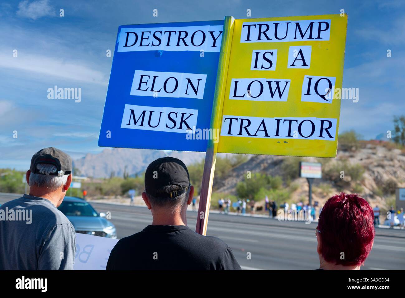 Protesters with placards deriding Elon Musk and Trump Administration's ...