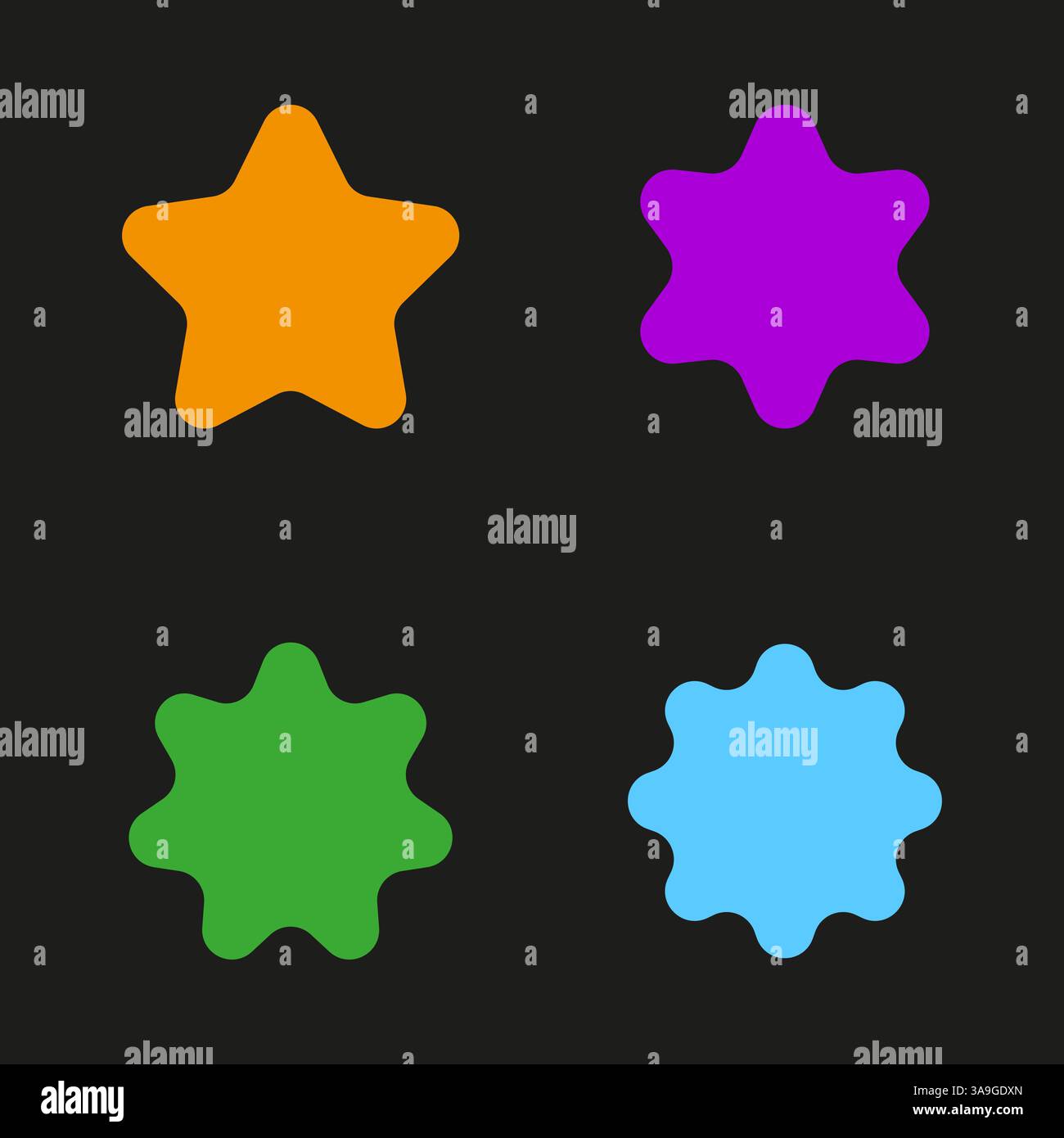 Colorful shape icons. Star and blob figures. Vibrant black background ...