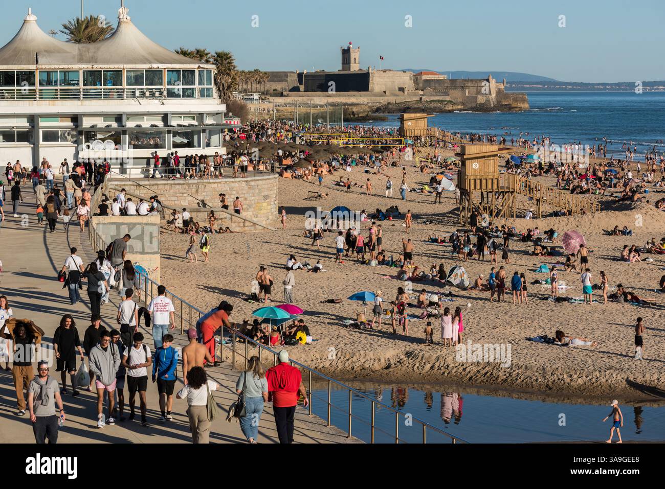 Lisbon, Portugal - March 30, 2025: Amazing long sandy beach. Coast of ...