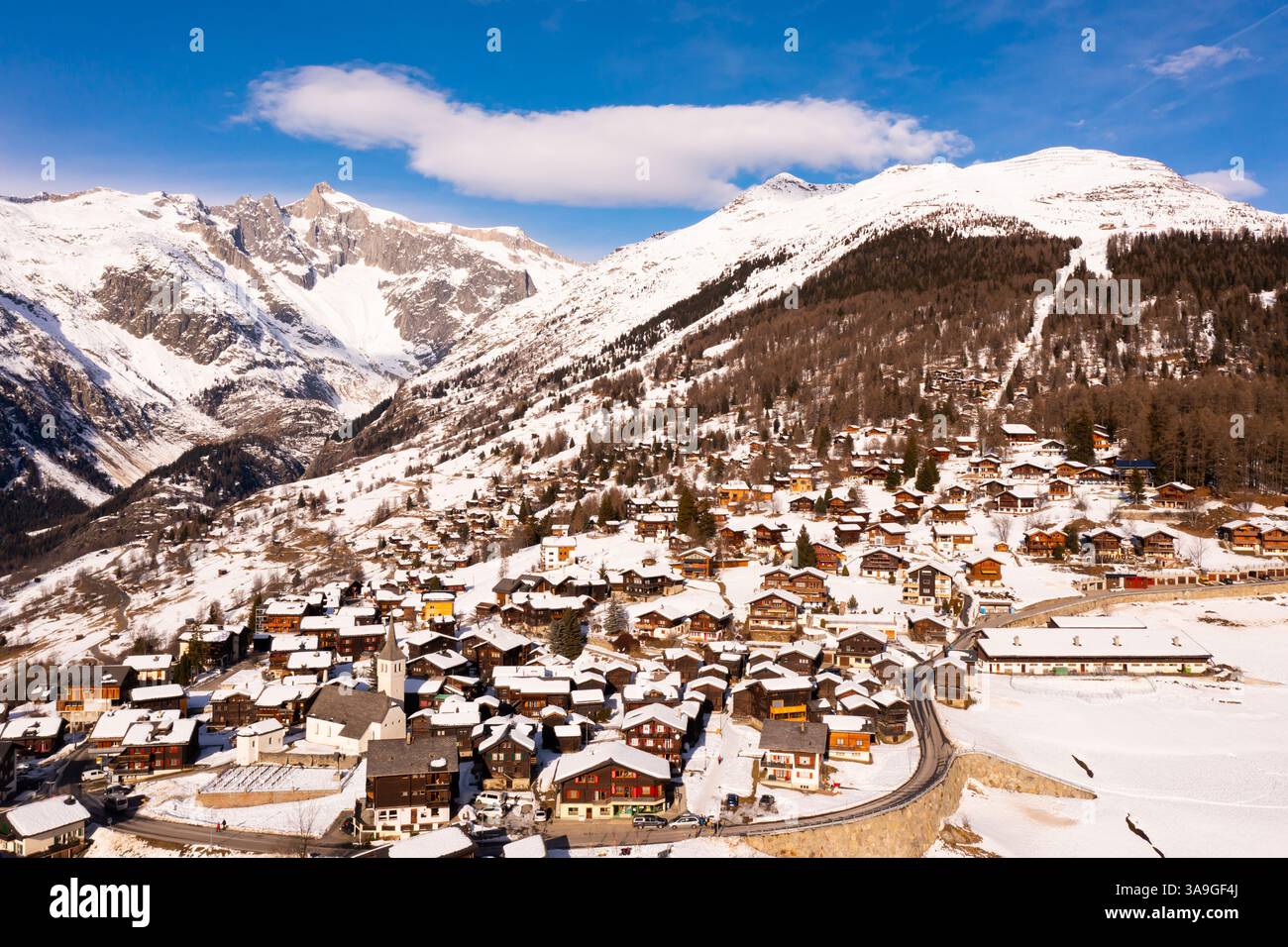 Aerial view of Swiss village Bellwald Stock Photo - Alamy
