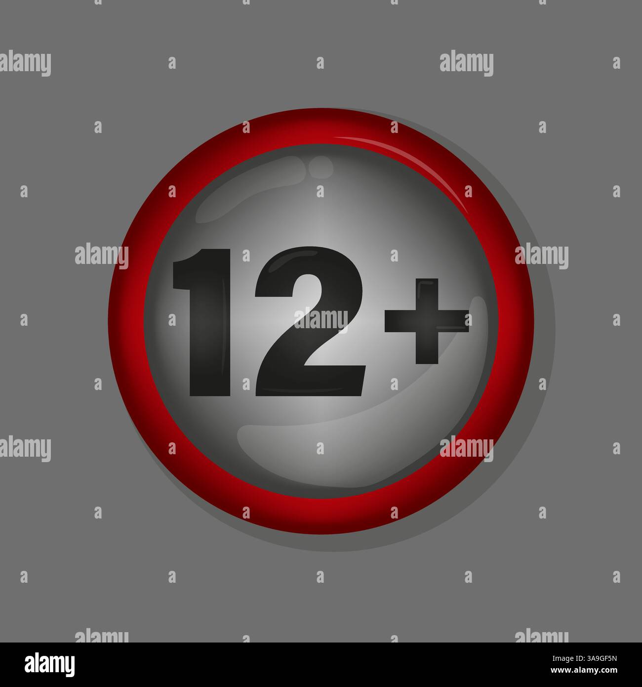 Red circle badge. 12 plus warning. Metallic gray background. Vector ...