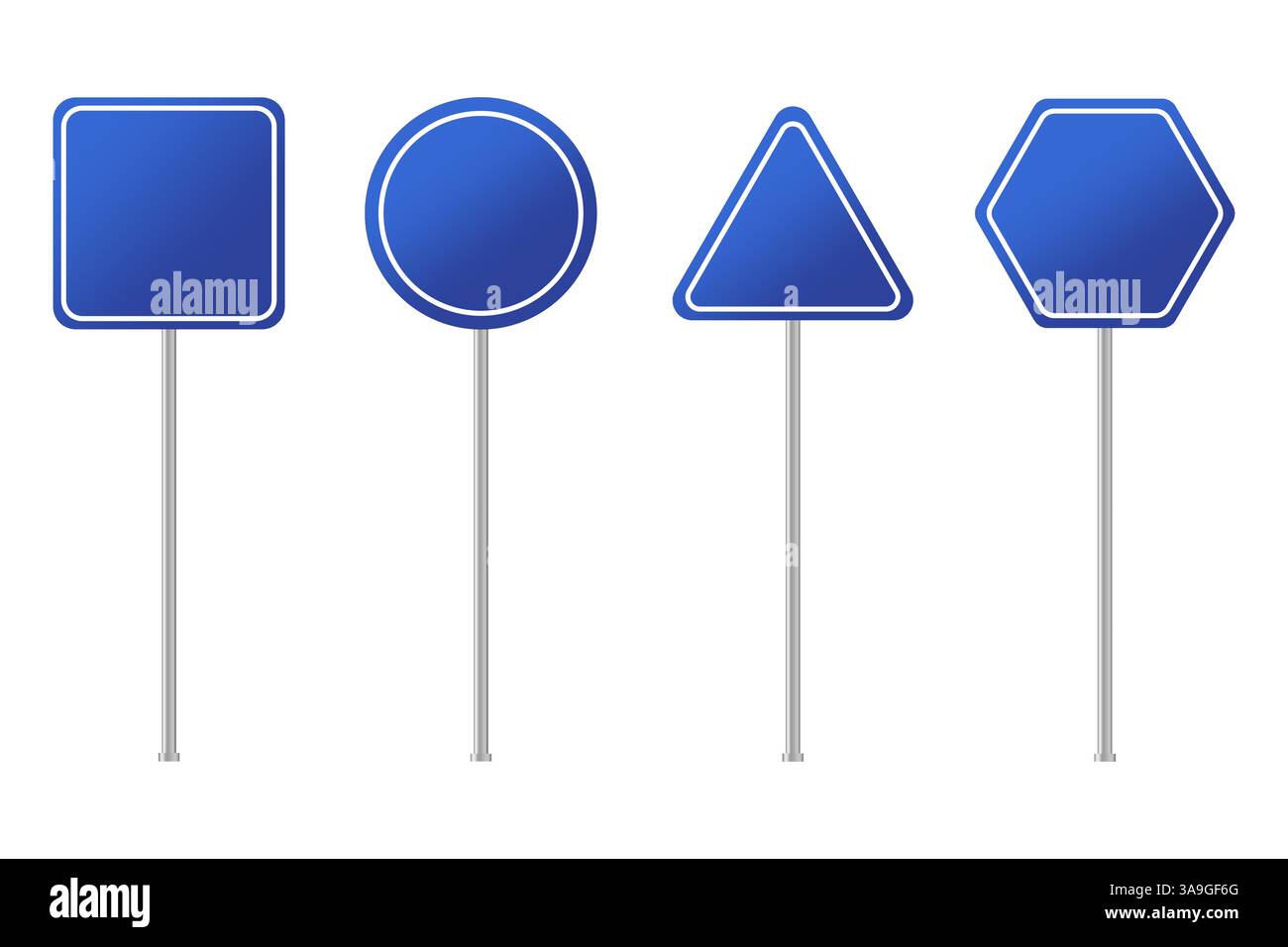 Blue road signs. Minimal traffic shapes. Vector blank boards. Metallic pole set Stock Vector ...