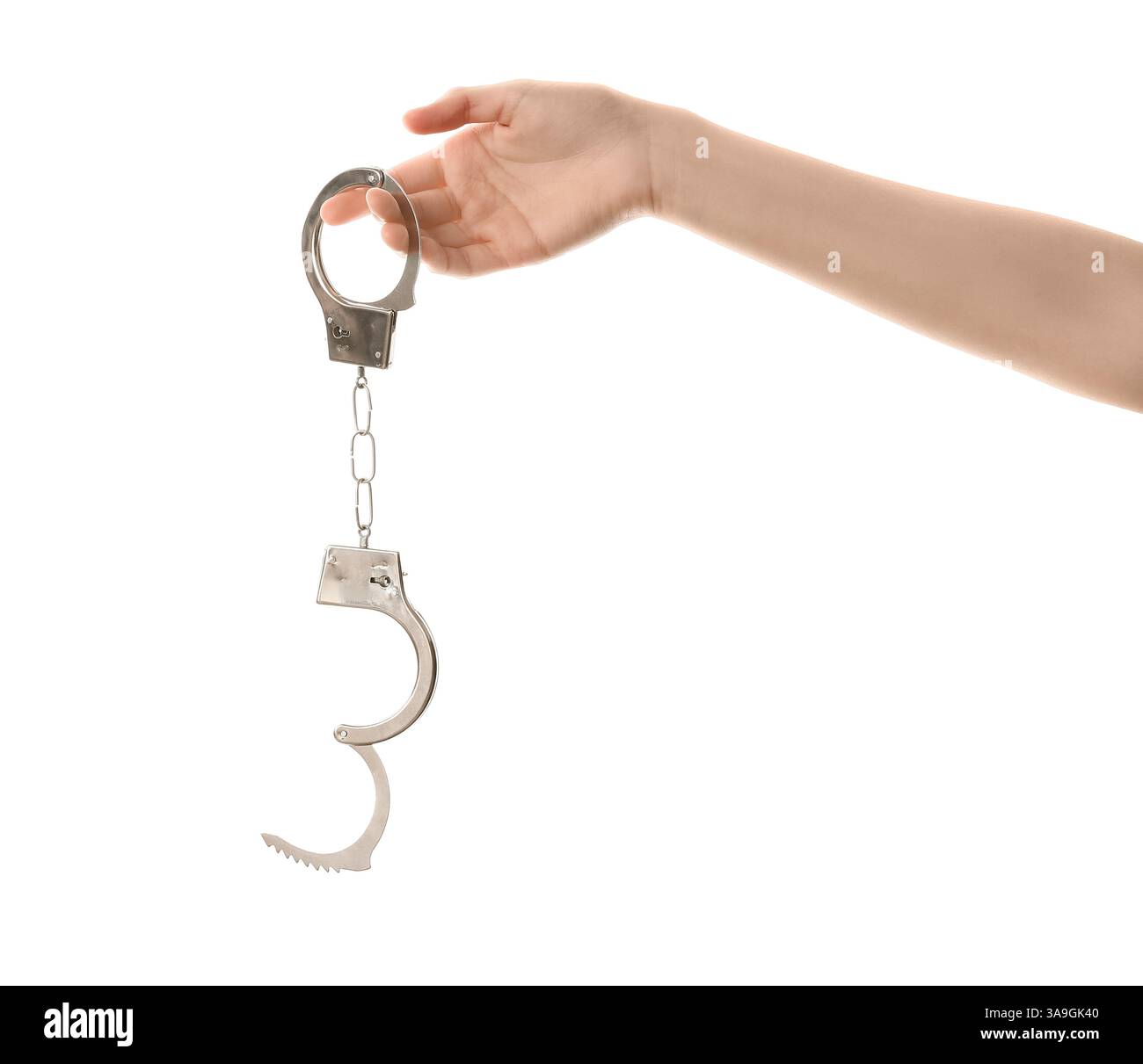 Female hand with handcuffs isolated on white background Stock Photo - Alamy