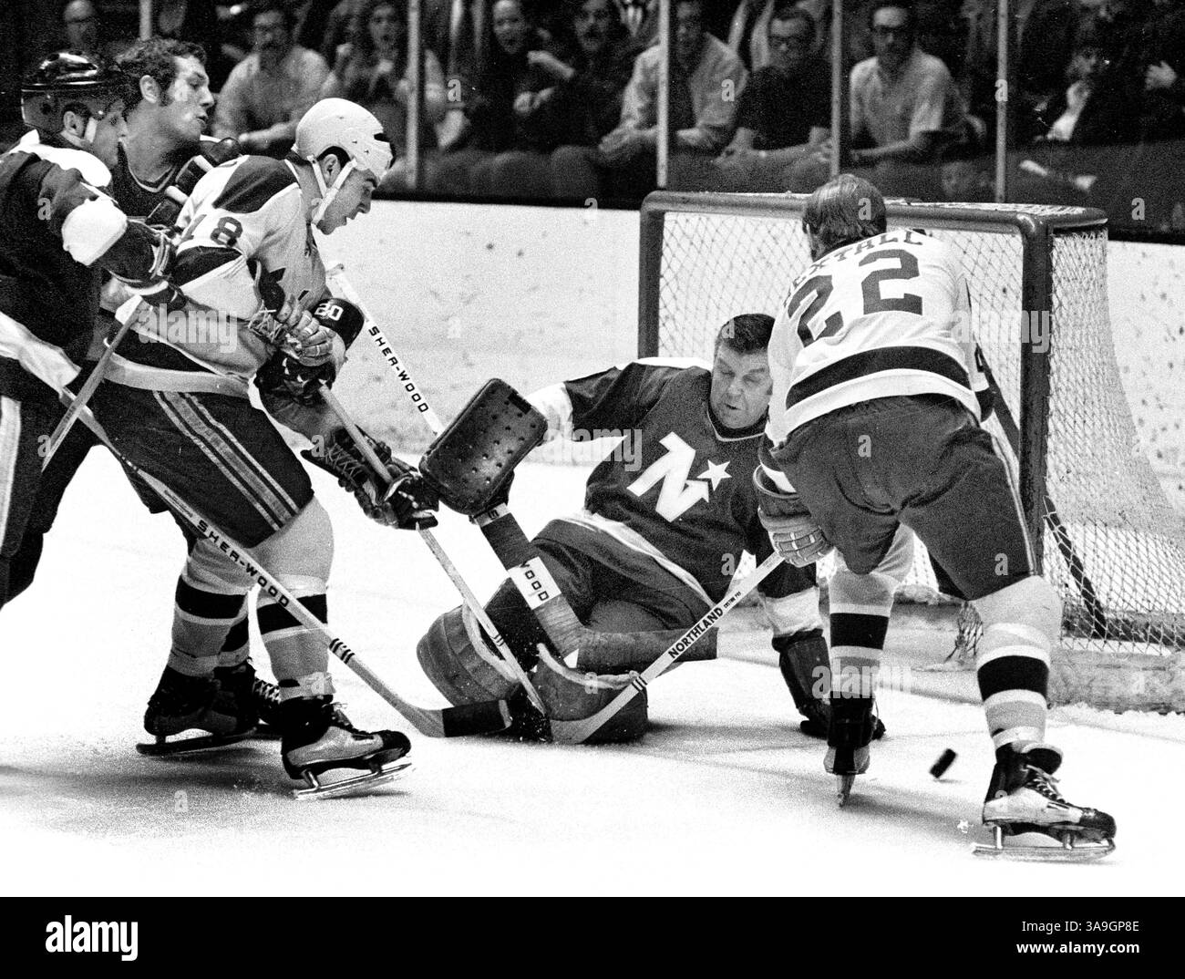 California Golden Seals Gary Croteau (8) and Dennis Hextall (22) attack ...