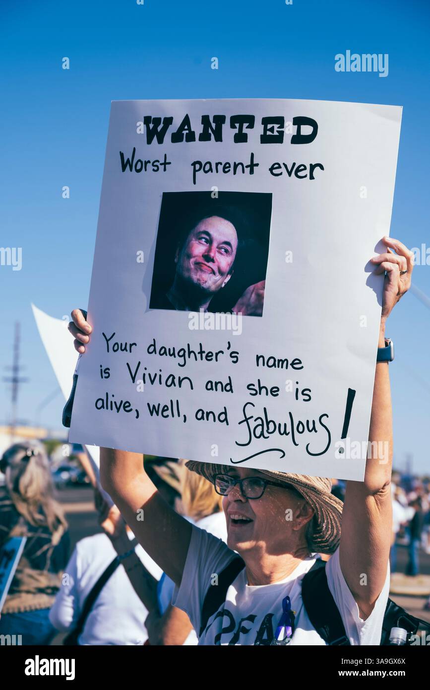 Protesters with placards deriding Elon Musk and Trump Administration's ...
