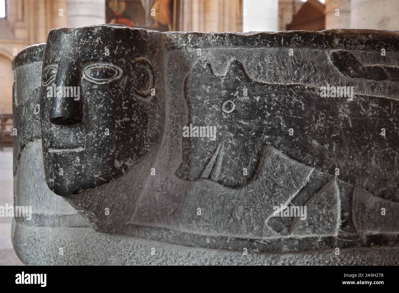 March 15, 2015 - Laon, France - Baptismal font, 11th century, in black ...