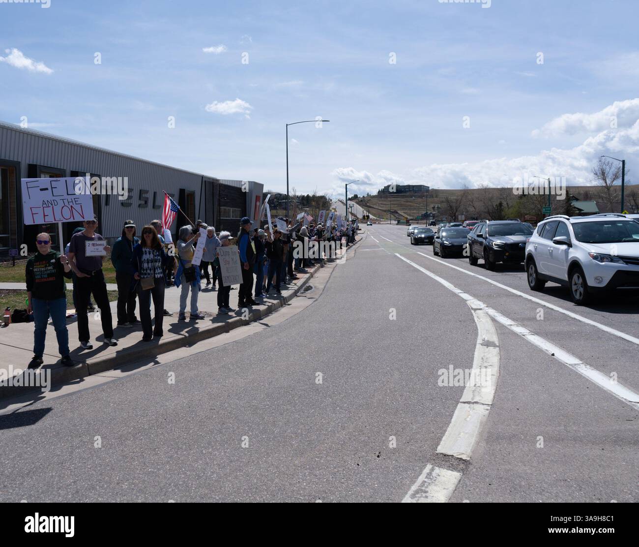 Tesla Takedown Protest, Signs, People, Flags, 3/29/25, Superior, CO USA ...