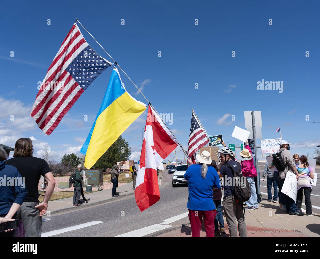 Tesla Takedown Protest, Signs, People, Flags, 3/29/25, Superior, CO USA ...