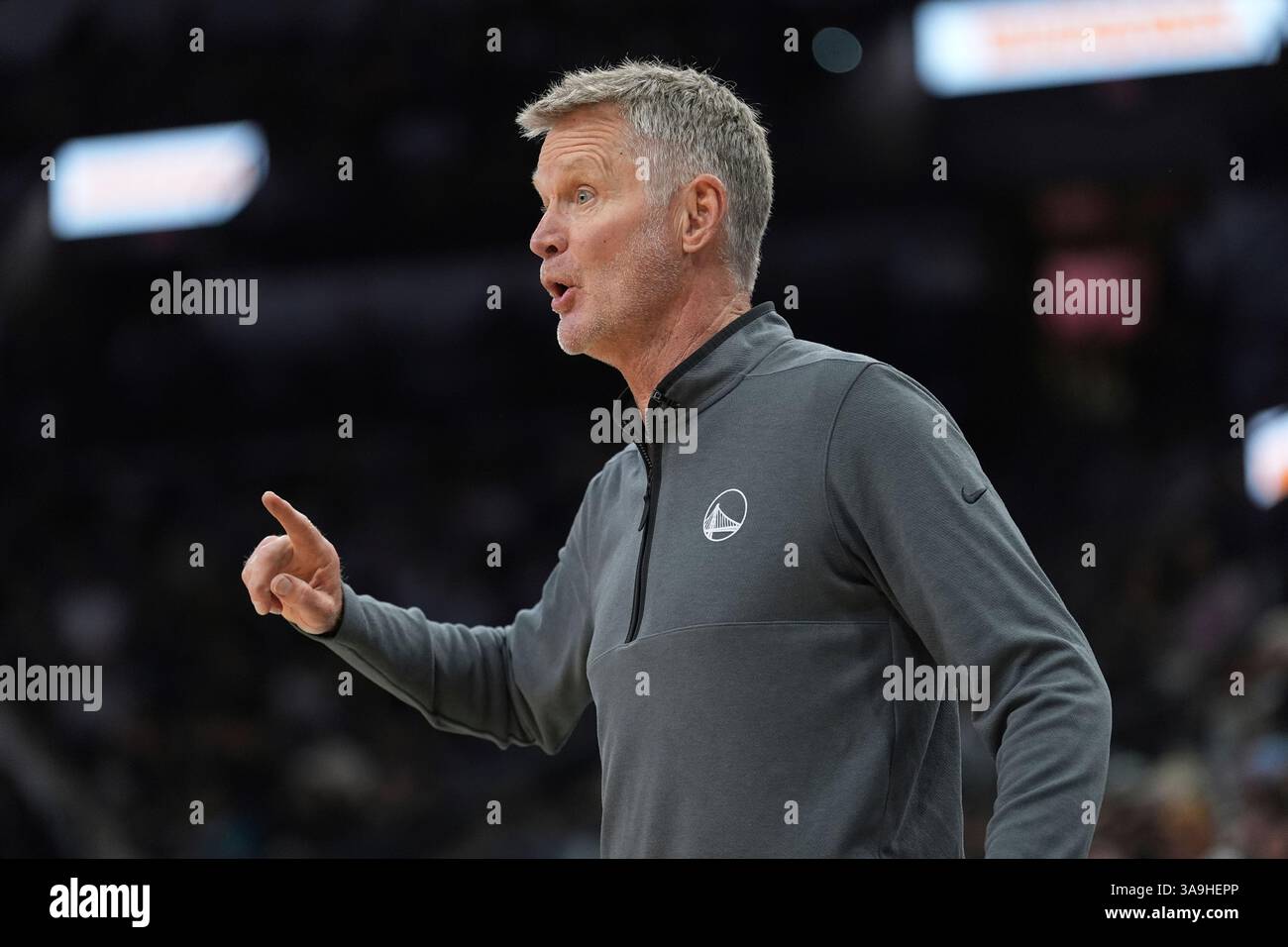 Golden State Warriors head coach Steve Kerr talks to his players during ...