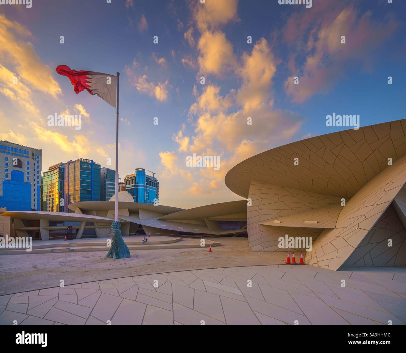 Doha, Qatar - Jan 06 2024, a view of flagpole with the flag of Qatar ...