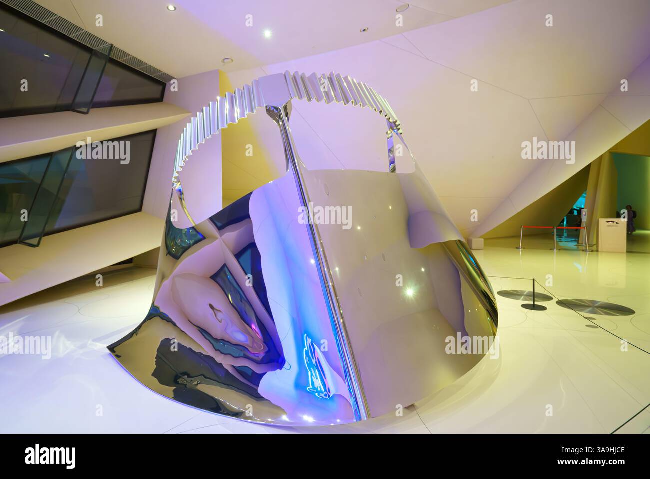 Doha, Qatar - Jan 06 2024, a close up view of huge silver statue of ...
