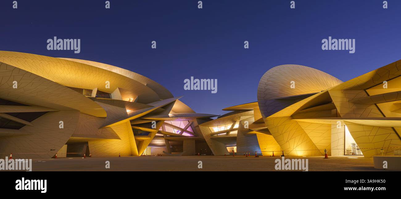 Doha, Qatar - Jan 06 2024, a bottom up view of National Museum of Qatar ...
